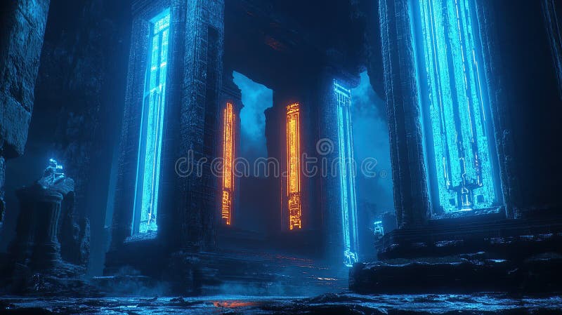 Futuristic Pillars with Glowing Blue and Orange Lights in Mysterious ...