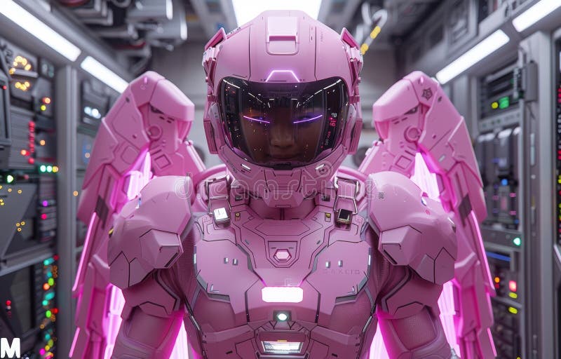 Futuristic Pink Armored Robot in HighTech Environment with Neon Lights ...