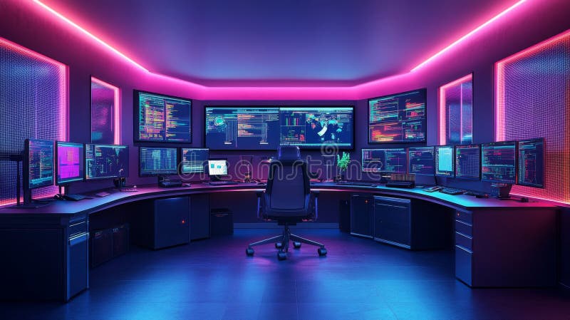 Futuristic Pink and Blue Neon Lit Gaming Room with Multiple Computer ...
