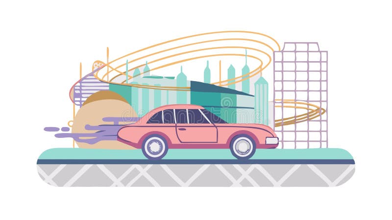 Futuristic Pink Car on an Elevated Road System, Vector Design ...