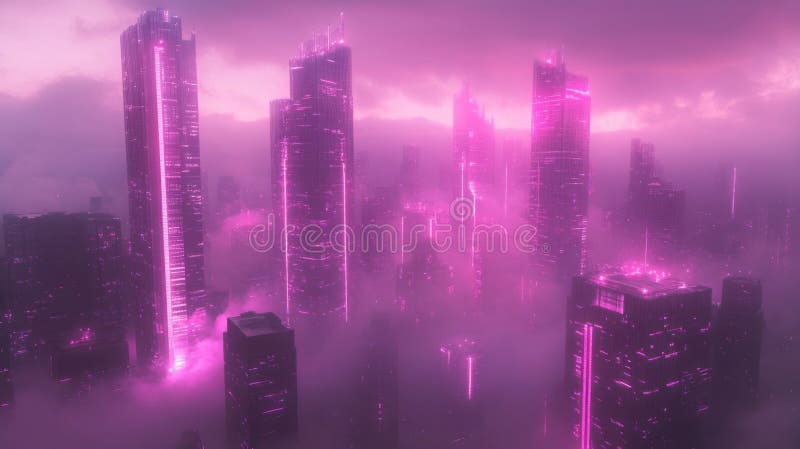 Futuristic Pink Cityscape in Fog Stock Illustration - Illustration of ...