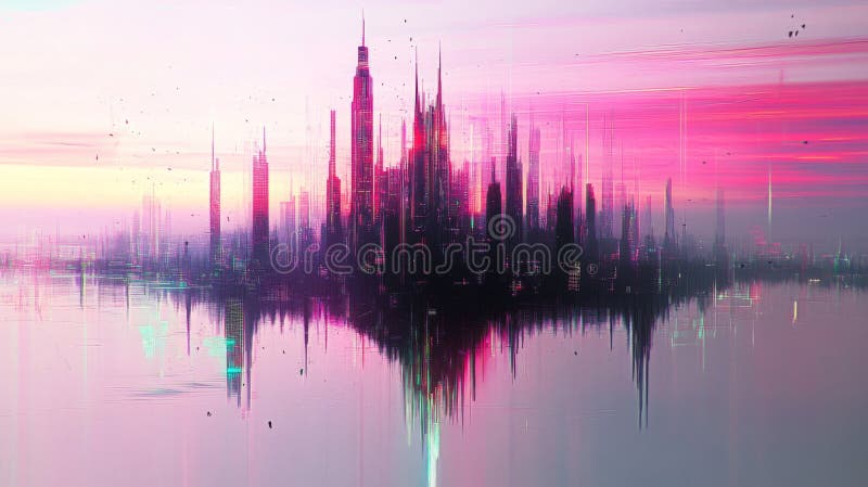 Futuristic Pink Cityscape at Sunset Reflection Stock Illustration ...
