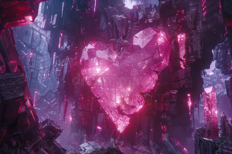Futuristic Pink Crystal Heart with Glowing Edges in Digital Dark ...