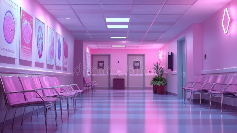 Futuristic Pink Hospital Corridor with Empty Chairs and Wall Decor ...