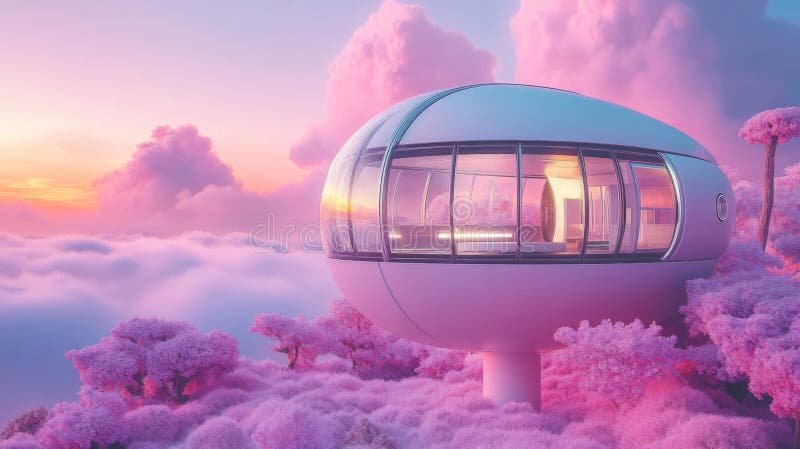 Futuristic Pink House on Cloud Mountain at Sunset Stock Illustration ...