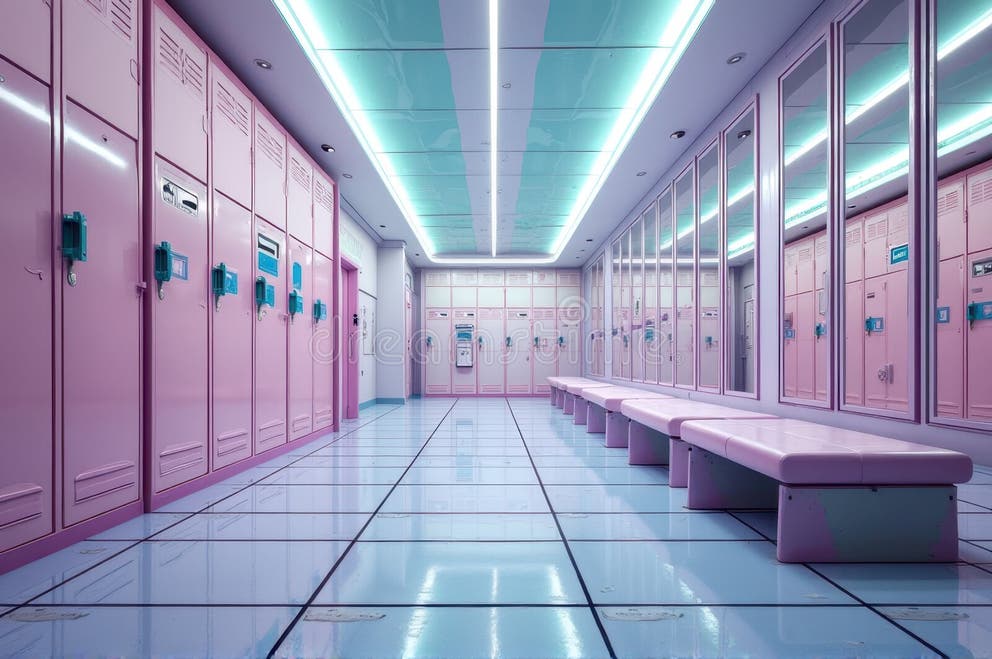 Futuristic Pink Locker Room with Neon Lights and Benches Stock Photo ...