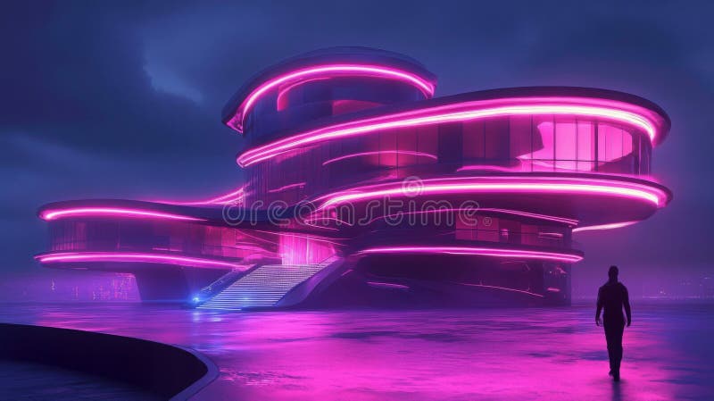 Futuristic Pink Neon House at Night Stock Illustration - Illustration ...