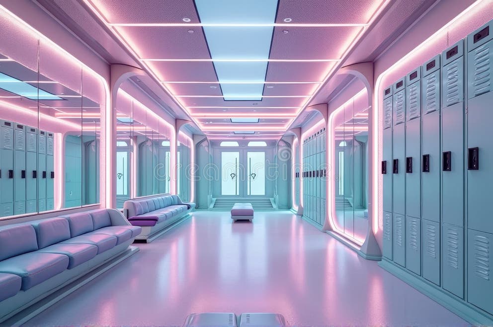 Futuristic Pink Neon Locker Room with Reflective Surfaces and Modern ...