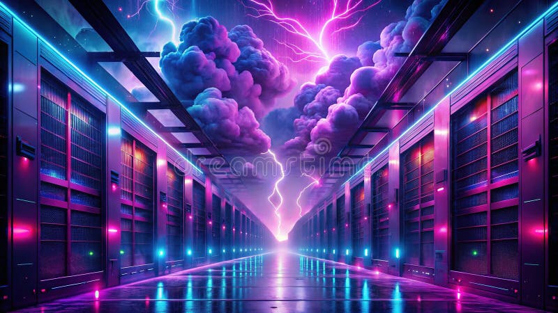 A Futuristic Pink Neon Server Room Glowing with Lightning and Cloud ...
