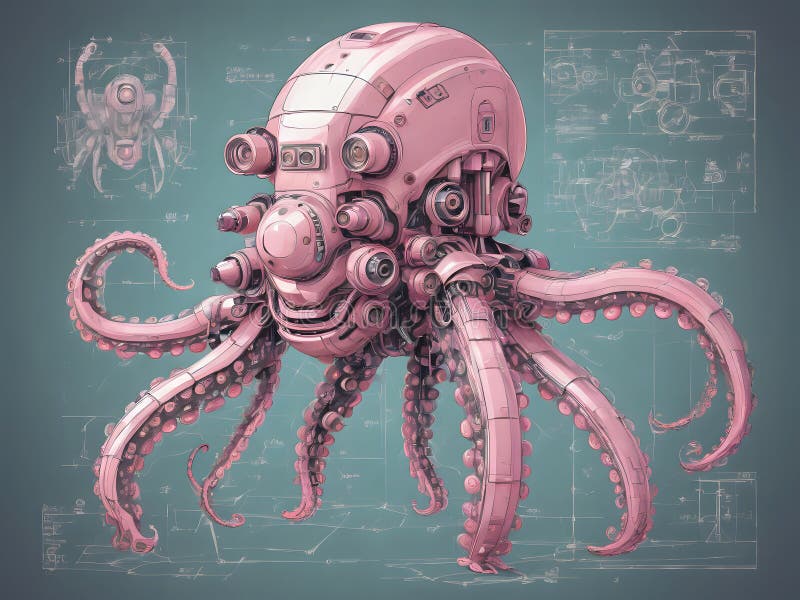 Pink Octopus Robot Design Engineering Blueprint Illustration Stock ...