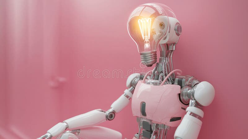 Futuristic Pink Robot with Light Bulb Head. Robot Sits on Pink ...