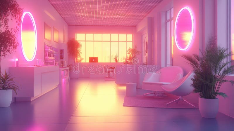 Futuristic Pink and White Room Interior with City Sunset View Stock ...