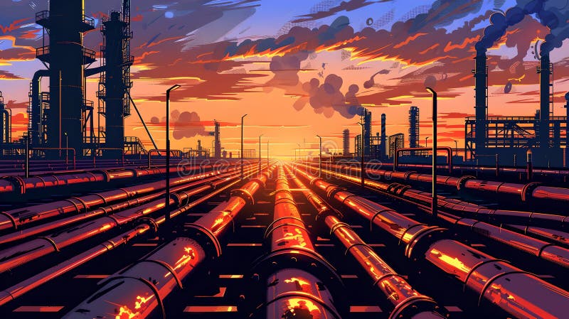 Futuristic Pipeline Complex at Sunset. Sci-Fi Energy Facility Landscape ...