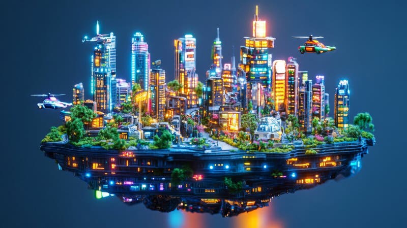 Futuristic Pixel Art City at Night on a Floating Island Stock ...