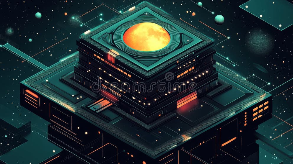 Futuristic Pixel Art Cityscape with Glowing Cube Structure and Moon ...