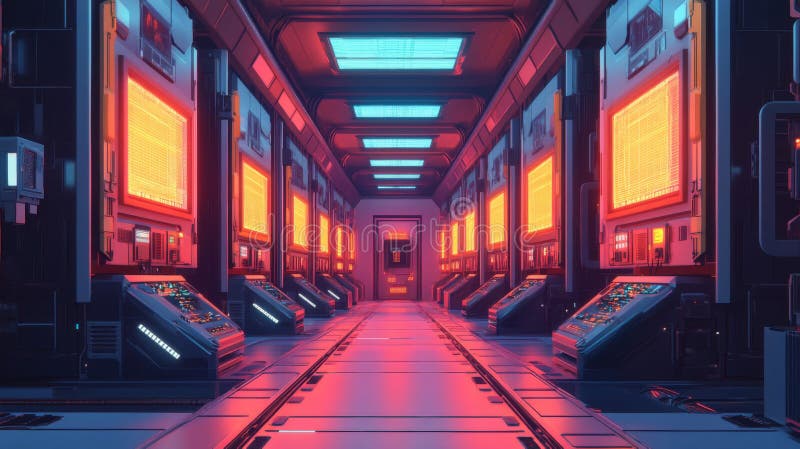 Futuristic Pixel Art Corridor with Glowing Red and Blue Screens Stock ...