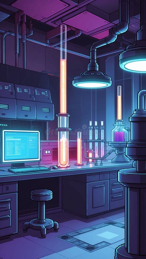 Futuristic Pixelated Laboratory with Computers, Machinery, and Glowing ...
