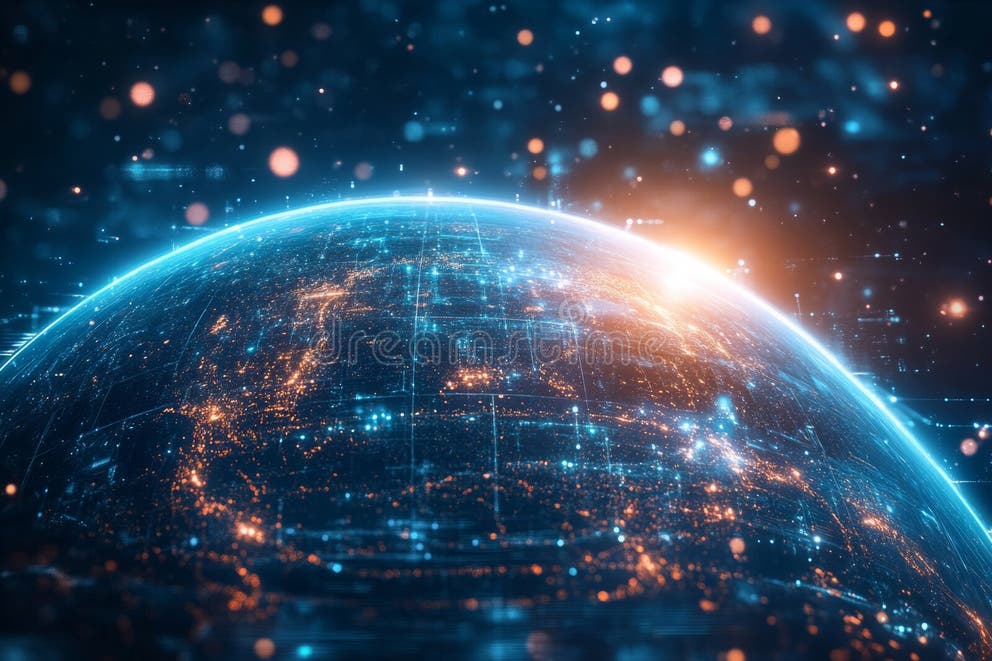 Futuristic Planet Earth Rotating, Visualizing Global Data Exchange and ...