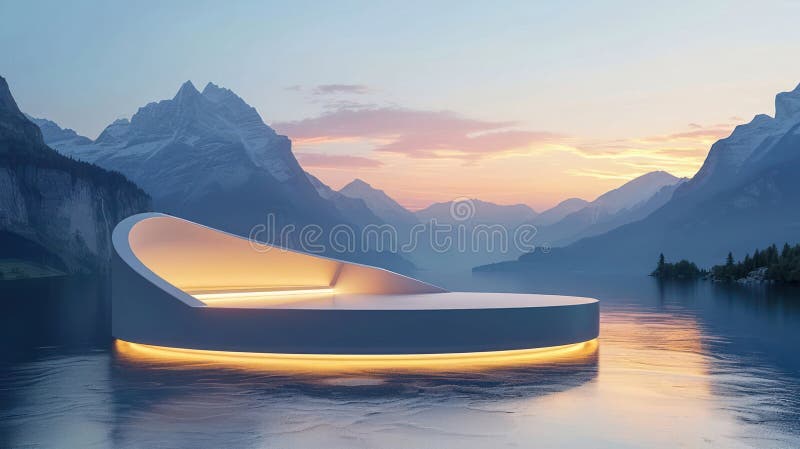 Futuristic Platform on a Lake with Mountains and a Sunset Stock ...
