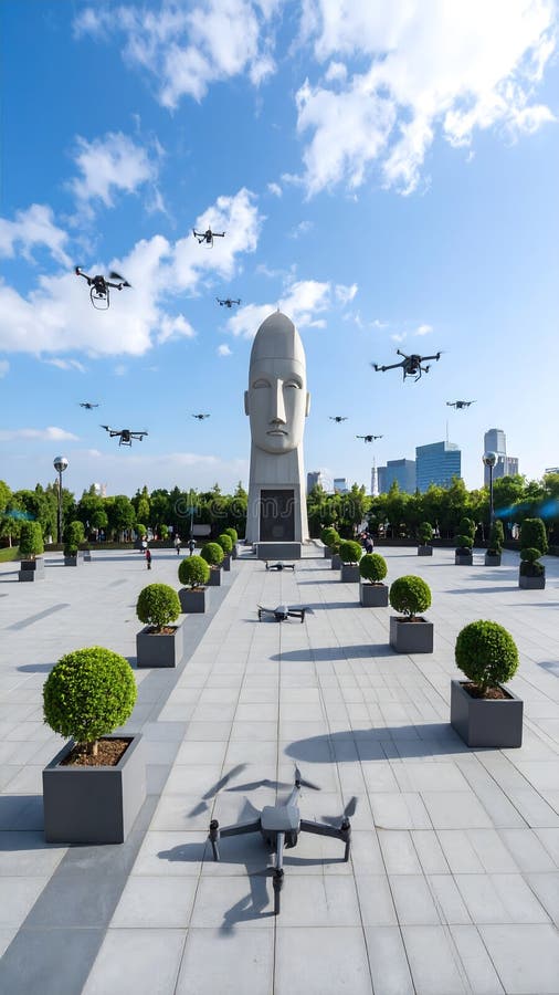 A Futuristic Plaza with a Faceless Monument, Surrounded by Hovering ...