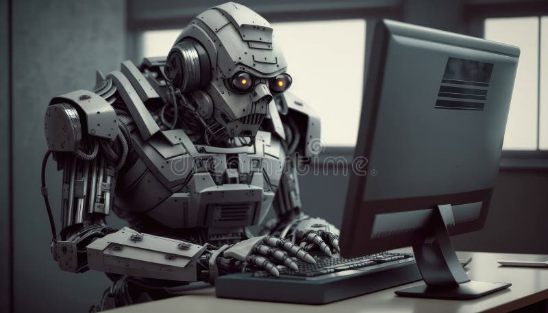 Futuristic Plot. the Robot Sits at the Computer and Types Stock Illustration - Illustration of ...