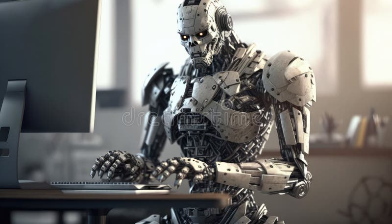 Futuristic Plot. the Robot Sits at the Computer and Types Stock ...