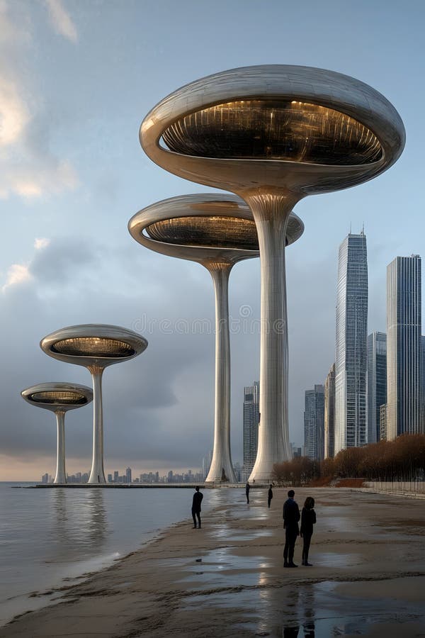 Futuristic Pod-like Structures by Modern City Skyline Alongside ...