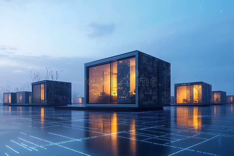 Futuristic Pod Structures with Digital Reflection on Reflective Surface ...