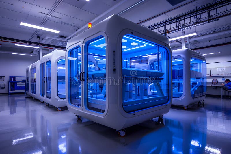 Futuristic Pods in a High-tech Laboratory Setting with Blue Lighting ...