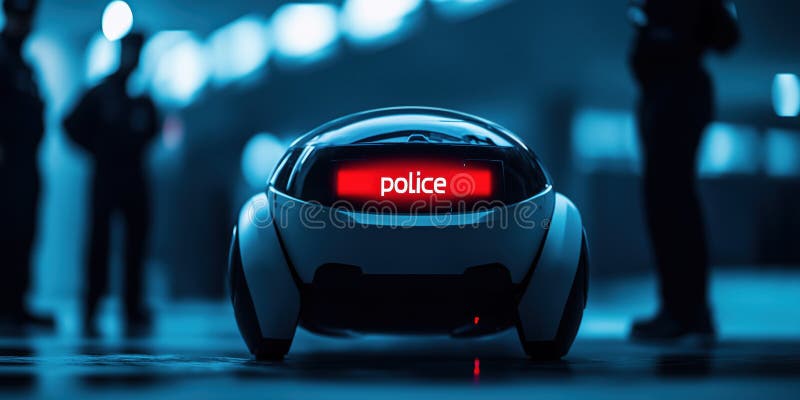 Futuristic Police Robot with Glowing Red Text in Dimly Lit Urban ...