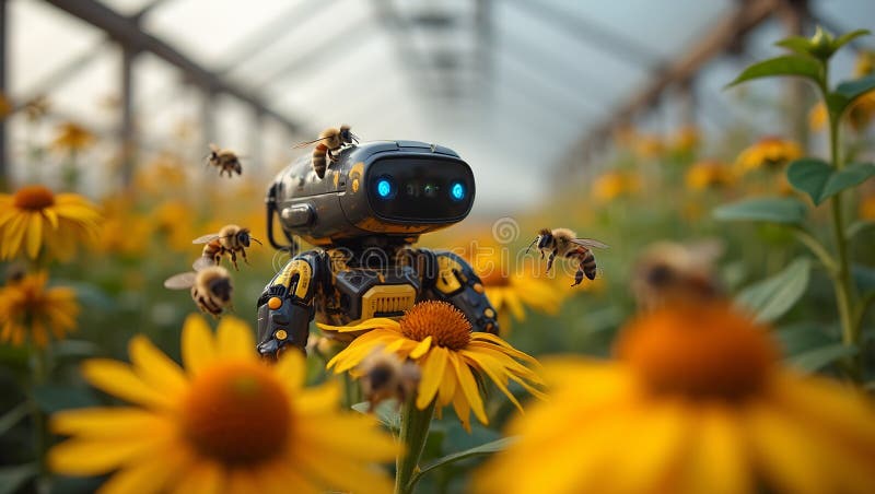 Futuristic Pollination Robot in Greenhouse Bees Watching Stock ...