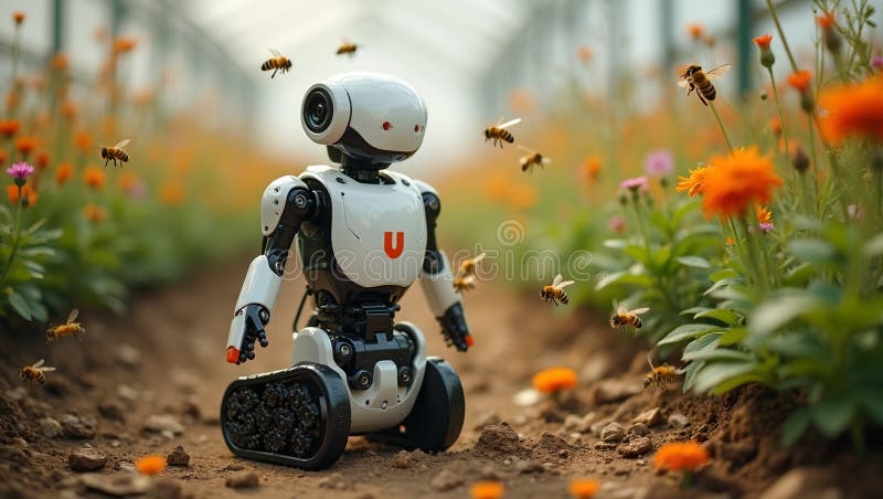 Futuristic Pollination Robot in Greenhouse Bees Watching Stock ...