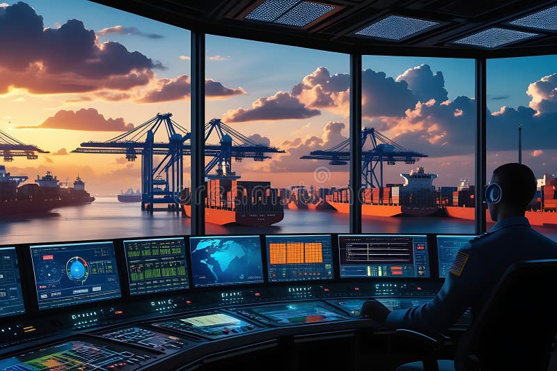 Futuristic Port Control Room, Panoramic Window View, Bustling Container ...