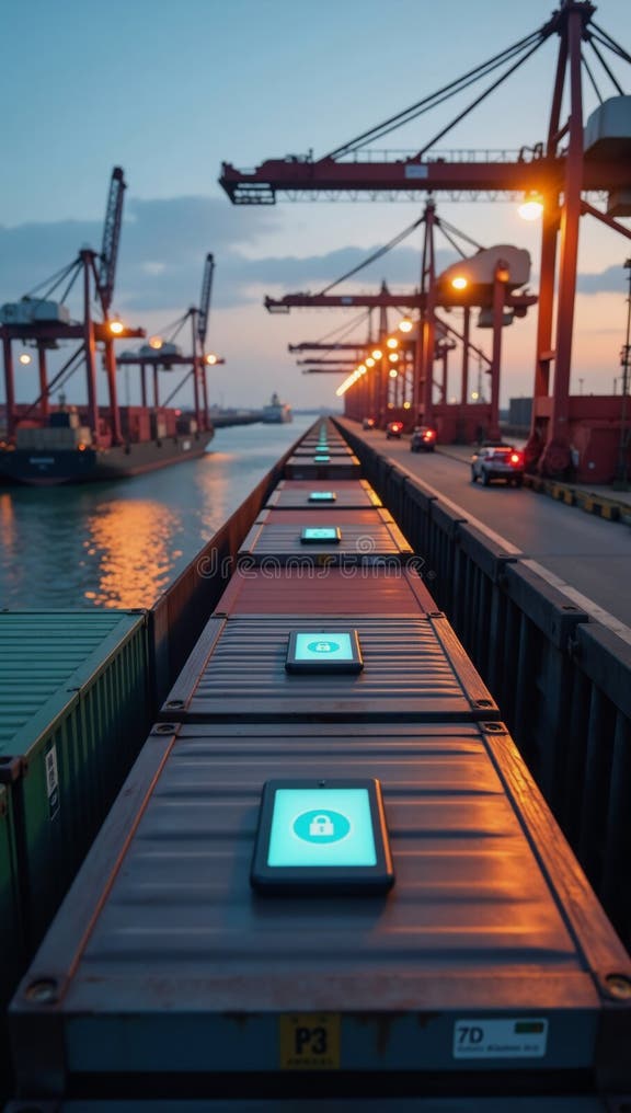 Futuristic Port Displaying Secured Shipping Containers Using Glowing ...