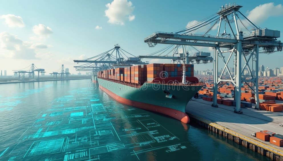 Futuristic Port Scene Featuring Container Ship Loaded by Hi-tech Cranes ...