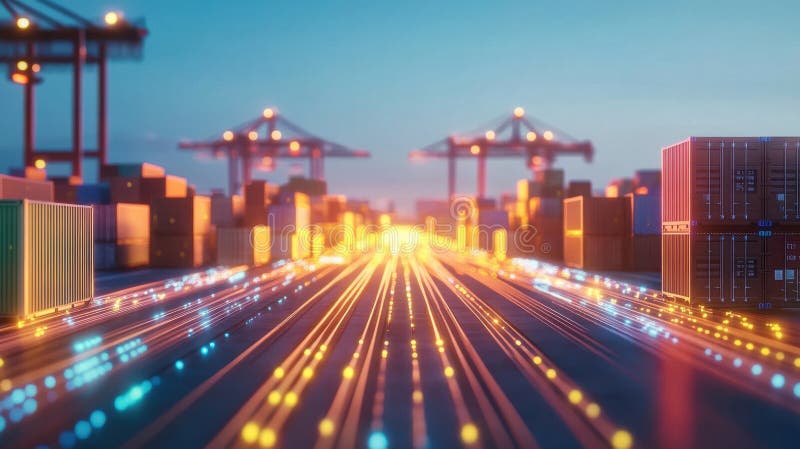 Futuristic Port Scene with Glowing Cargo Containers and Digital ...