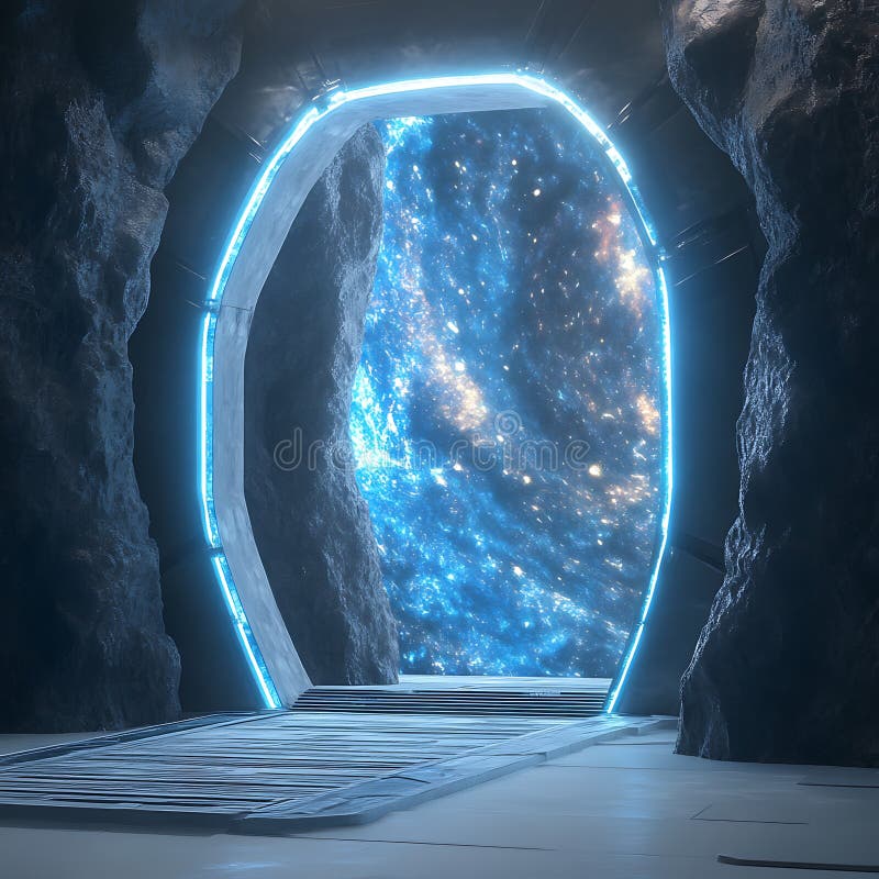 Futuristic Portal in a Cave with Glowing Blue Edges Stock Illustration ...