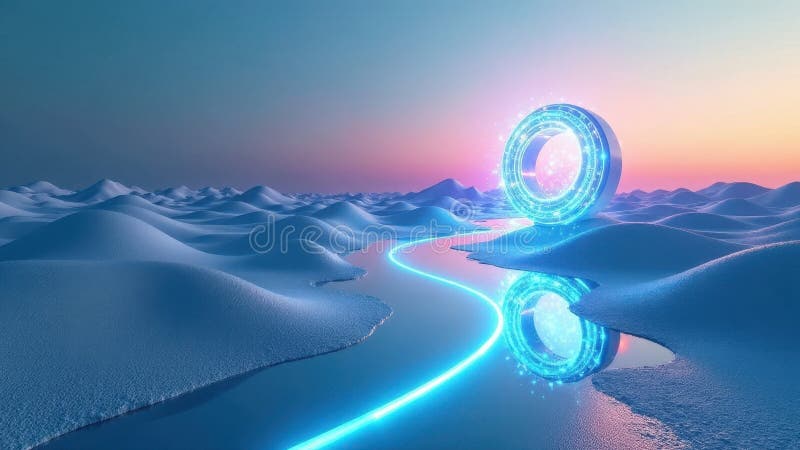 Futuristic Portal in a Serene, Icy Landscape with a Glowing Blue ...