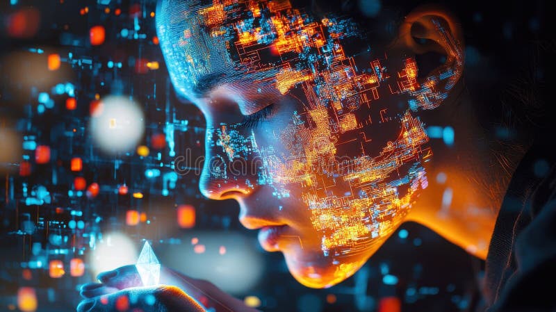 Futuristic Portrait of a Person with Digital Data Patterns on Face ...