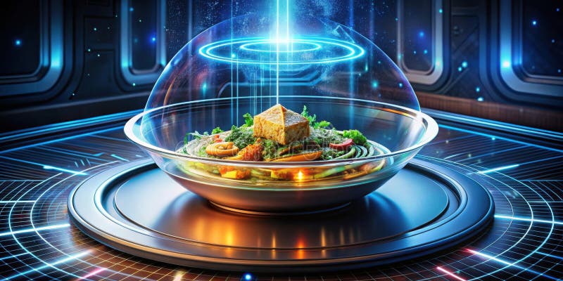 A Futuristic Poster Showing a Food Dish in a High-Tech Setting Stock ...