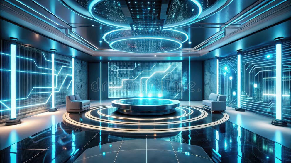 Futuristic Presentation Space with Illuminated Circuitry Walls and a ...