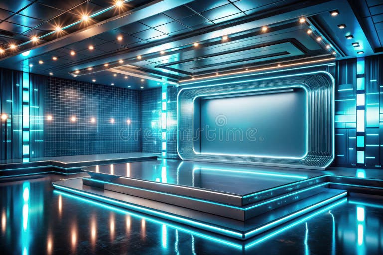 Futuristic Presentation Stage with Cyan Neon Lighting and Elevated Platform for Modern Event ...