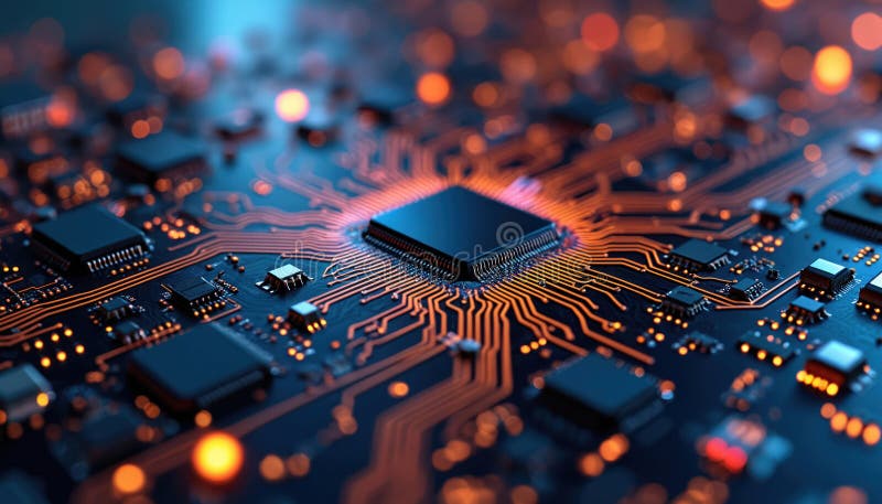 Futuristic Printed Circuit Board with CPU, Chips, Orange and Blue ...