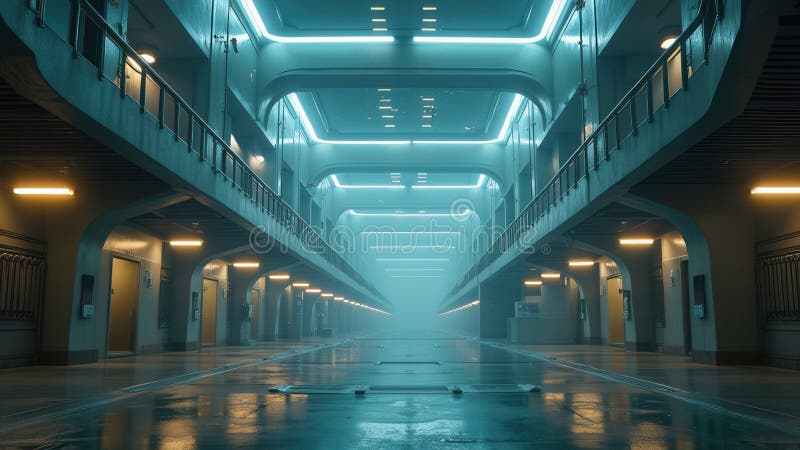 Futuristic Prison Hall with Glowing Lights, Vast Space, and High-tech ...