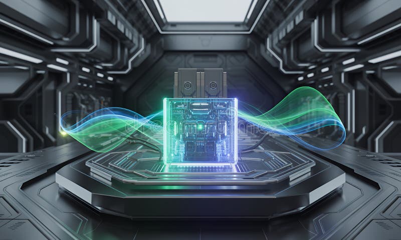 Futuristic Processor Unit with Green and Blue Wavy Lines in High Tech Room Stock Illustration ...