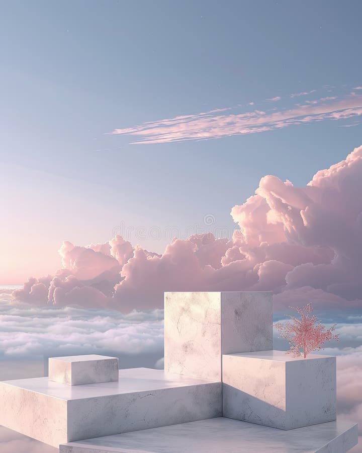 Futuristic Product Display Platform with Three Cubic Stands in a Sky ...