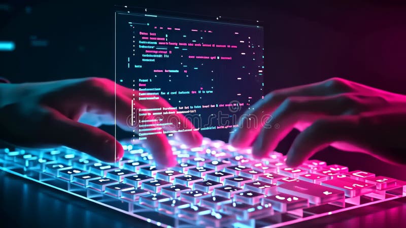 Futuristic Programmer Coding on Illuminated Keyboard with Holographic Interface Stock Footage ...