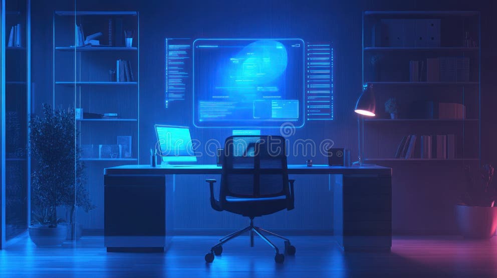 Futuristic Programmer S Office with Glowing Computer Screen Displaying Code Stock Illustration ...