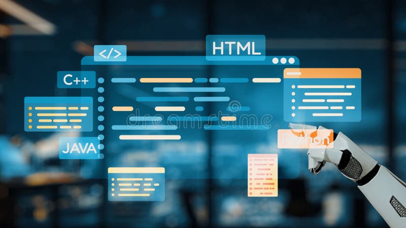 Futuristic Programming Interface with Robot Hand Displaying Multiple ...