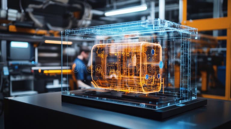 Futuristic Projection of Engine Component Illuminates Modern Factory ...